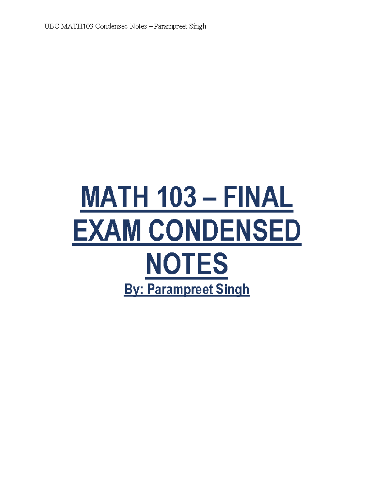 Math 103 Final Exam Condensed Notes on Series and Summation - Studocu