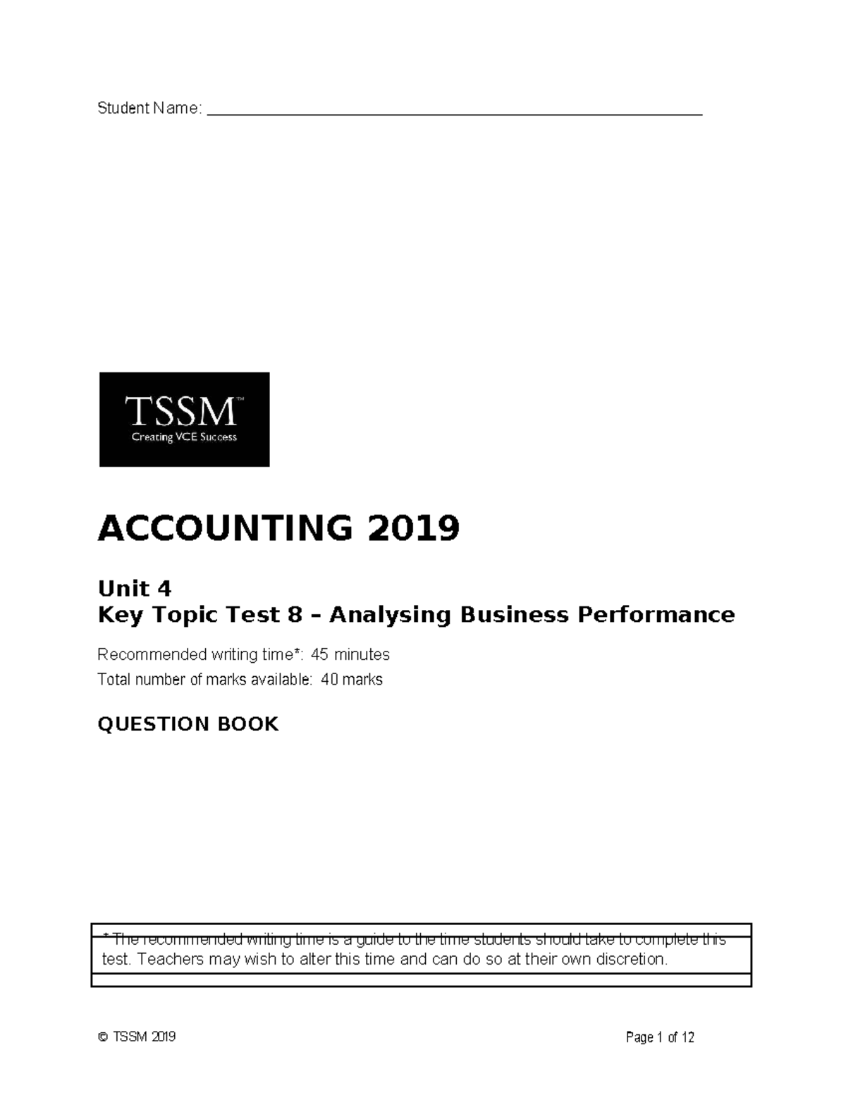 Accounting 2019 Unit 4 KTT 8: Analyzing Business Performance - Studocu
