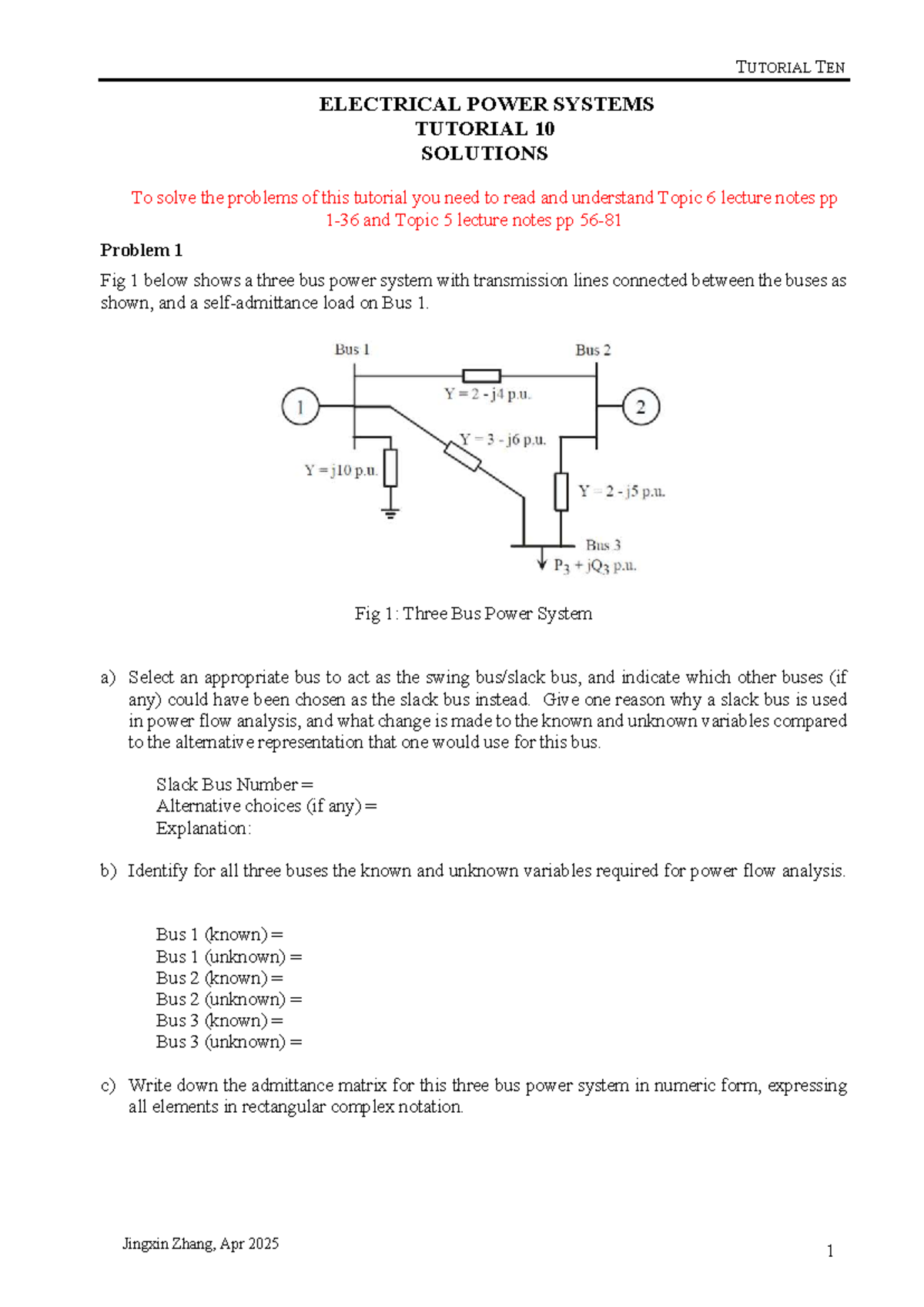 EEE30002 Tutorial 10 Solutions: Electrical Power Systems Analysis - Studocu