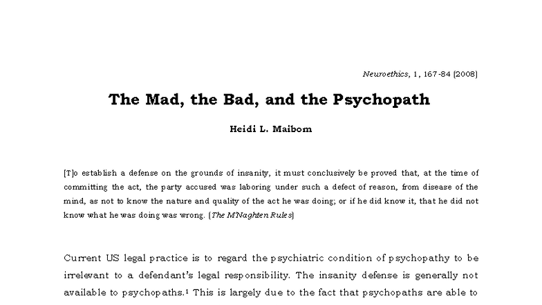 Psychopathy and Legal Responsibility: Moral Implications in Neuroethics ...