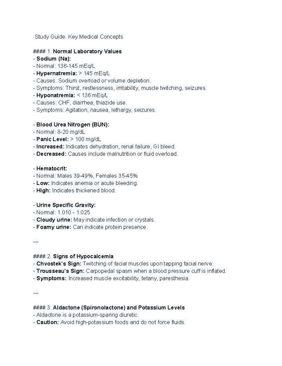 Study Guide Key Medical Concepts - Normal Laboratory Values Sodium (Na ...