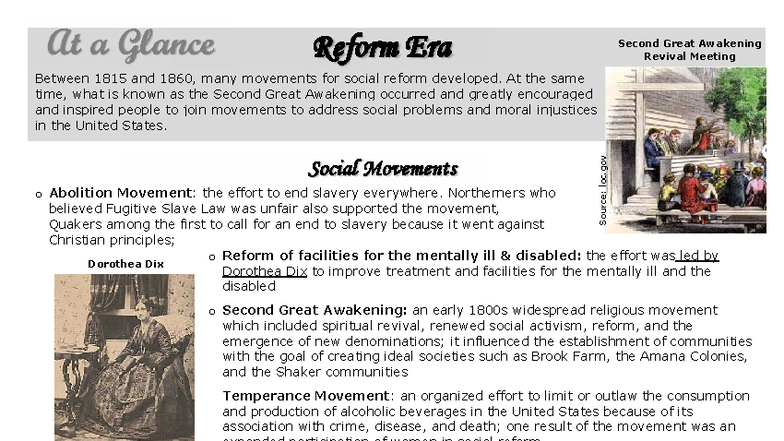 At a Glance: G8 Reform Era and the Second Great Awakening - Studocu