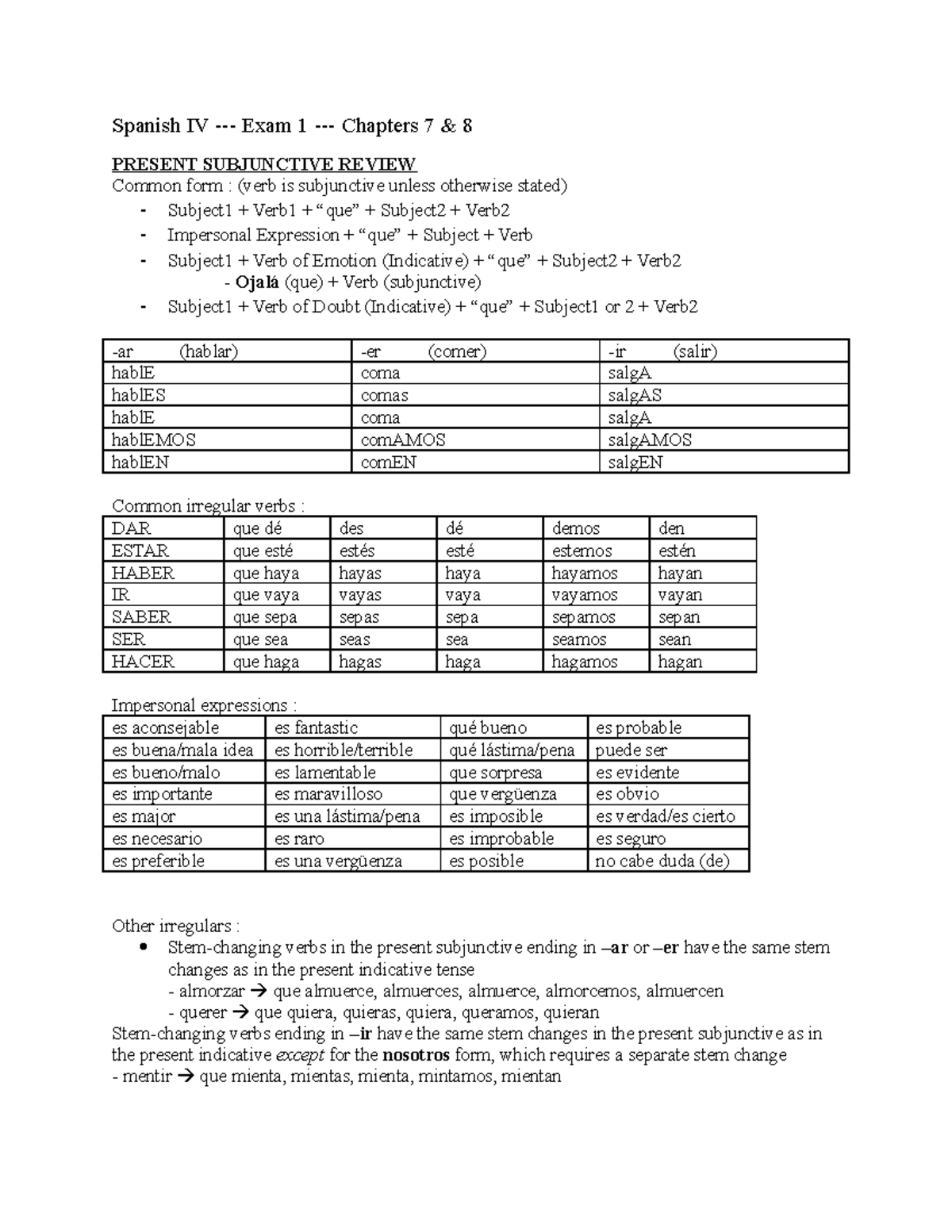 Spanish IV - Exam 1 - Present Subjunctive Review: Chapters 7 & 8 - Studocu