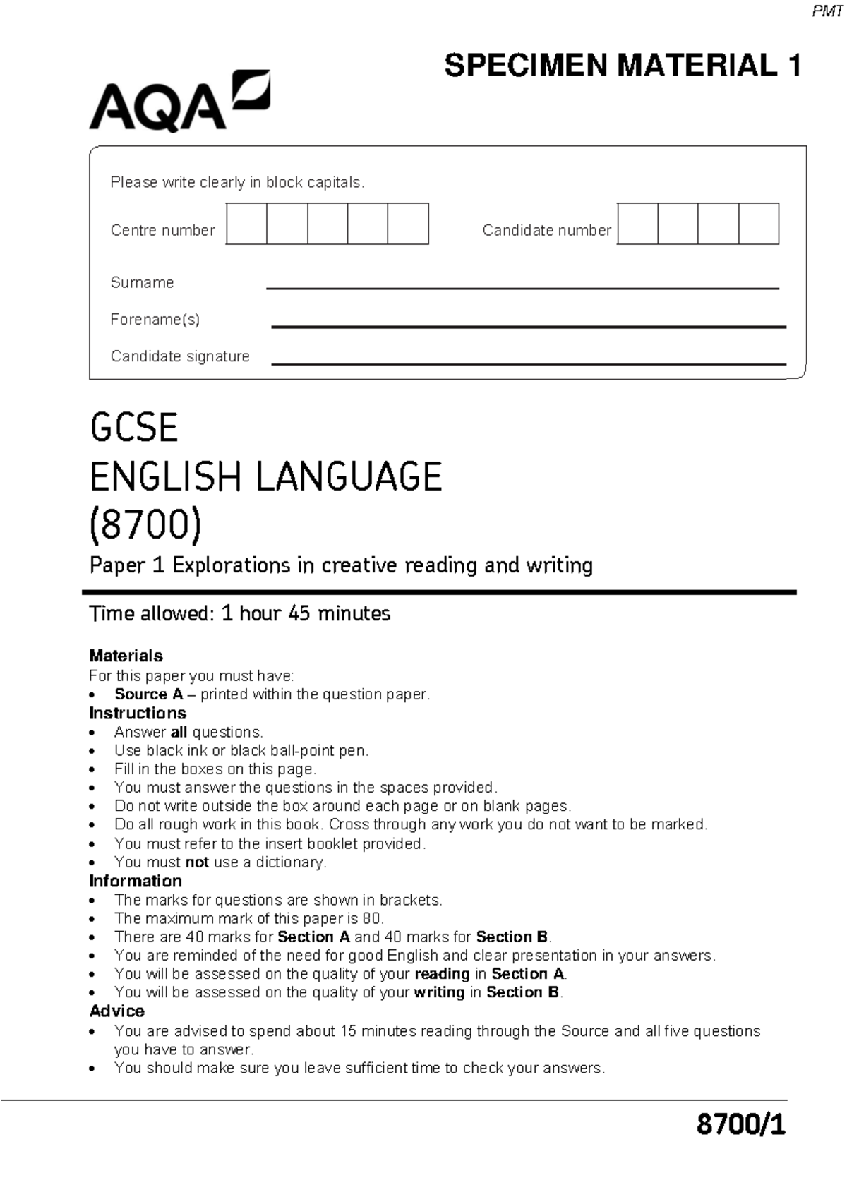 GCSE English Language (8700) Specimen Paper 1: Creative Reading ...