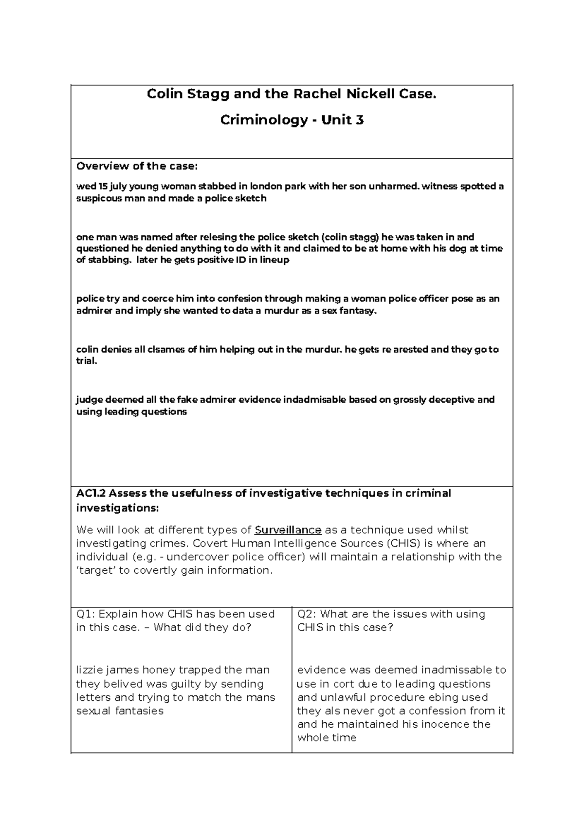 Criminology Unit 3: Overview of the Colin Stagg Case - Studocu