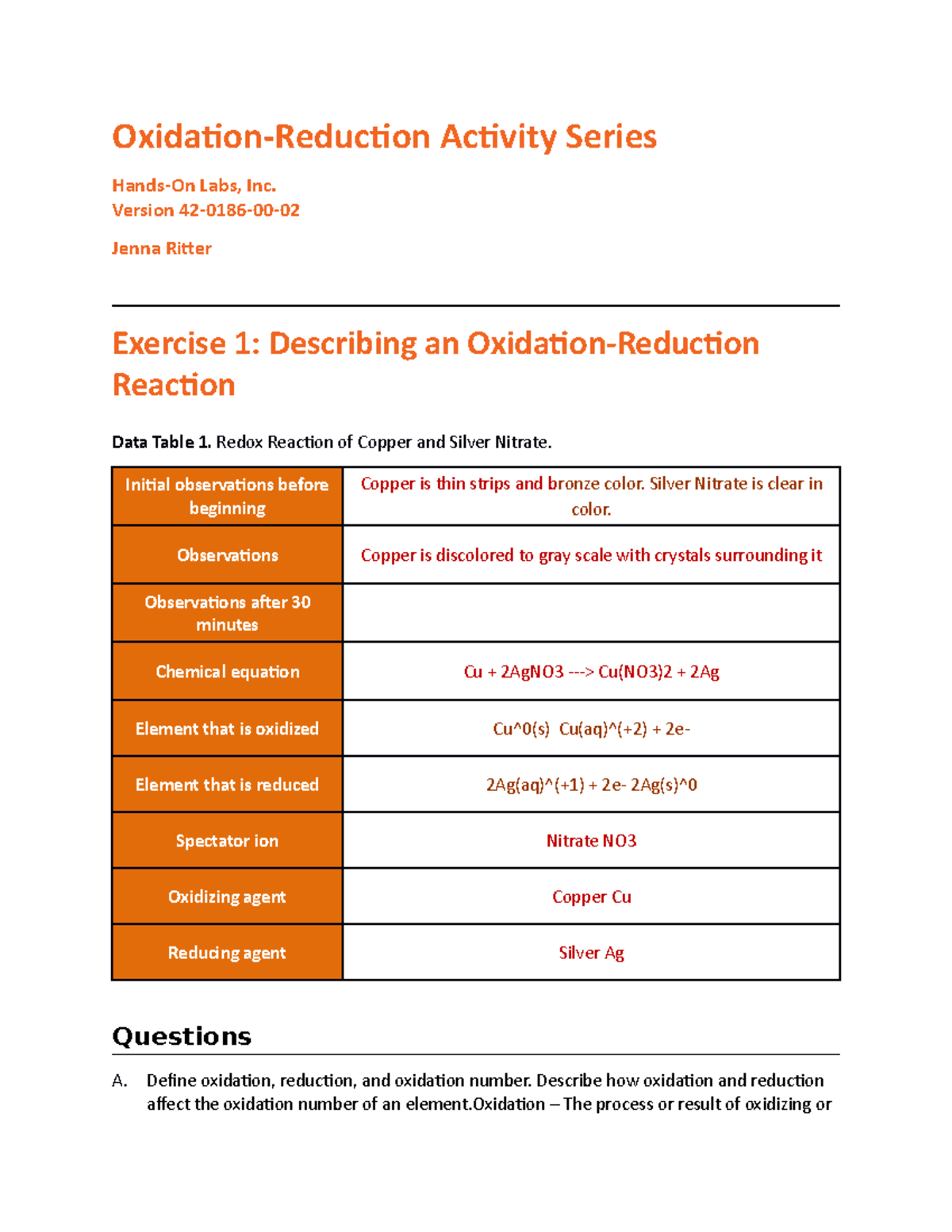 Oxidation-Reduction Activity Series, Lab Report Assistant - Activity ...