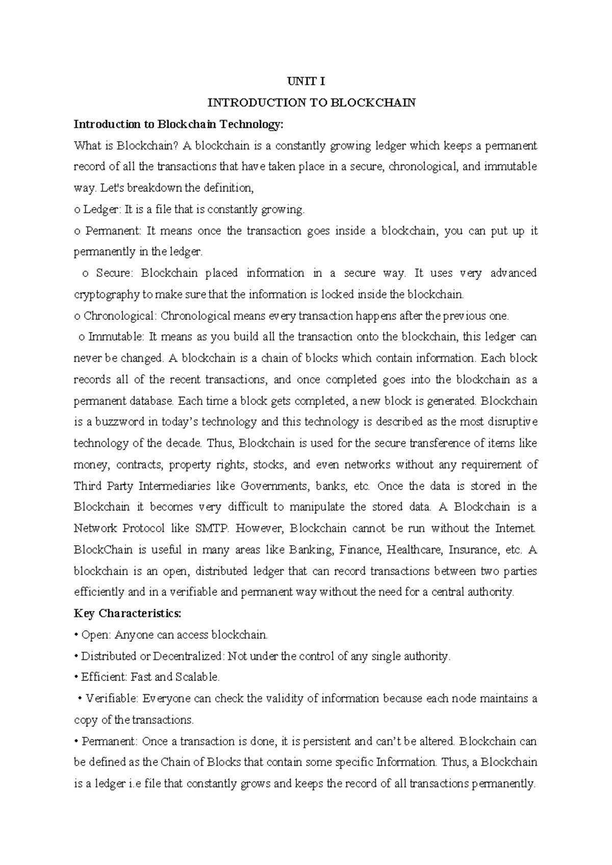 UNIT I - Blockchain Technology Overview & Key Concepts - Studocu