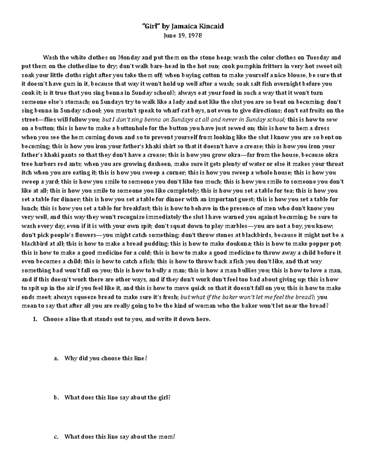 ENG 101: Analysis of "Girl" by Jamaica Kincaid - Studocu