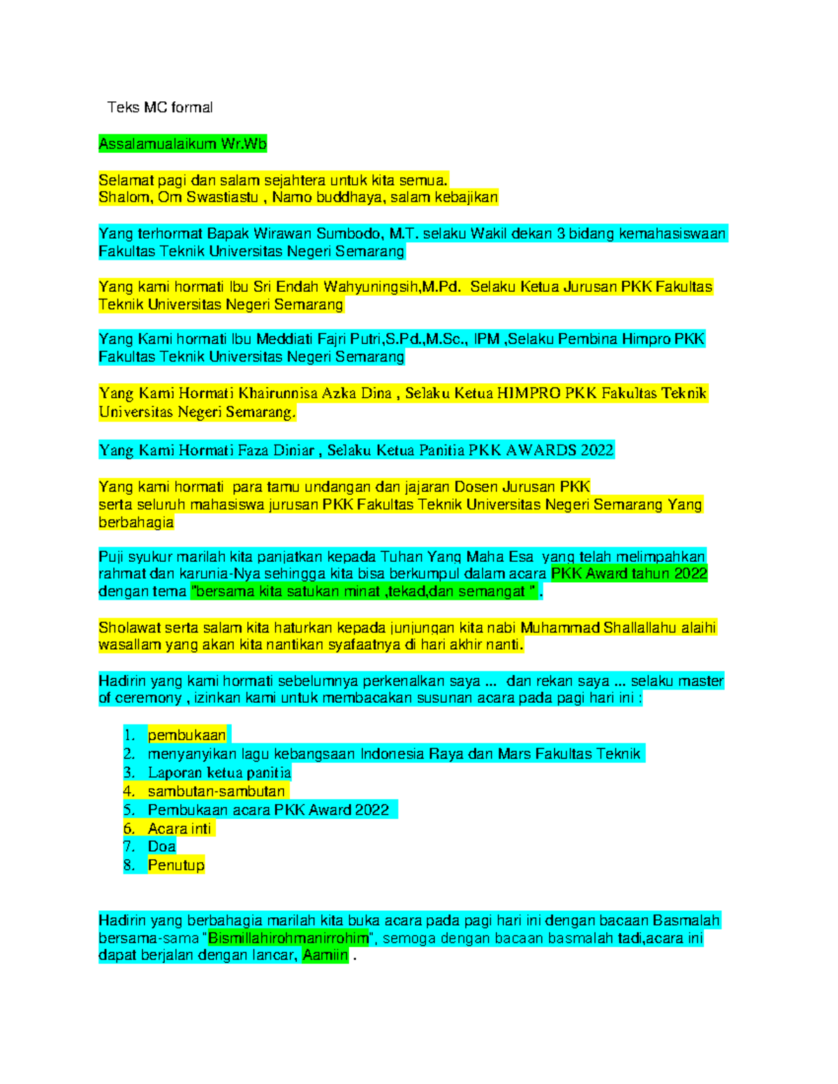 Teks MC Formal untuk Acara PKK Awards 2022 - Fakultas Teknik UNNES - Studocu