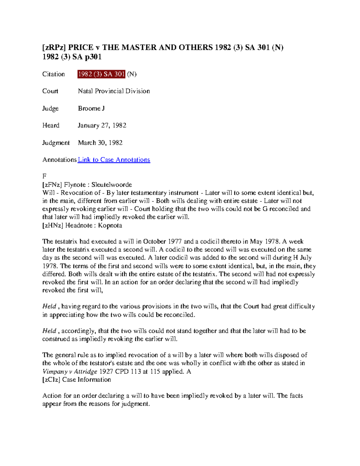 Price v The Master: Case Study on Implied Revocation of Wills - Studocu