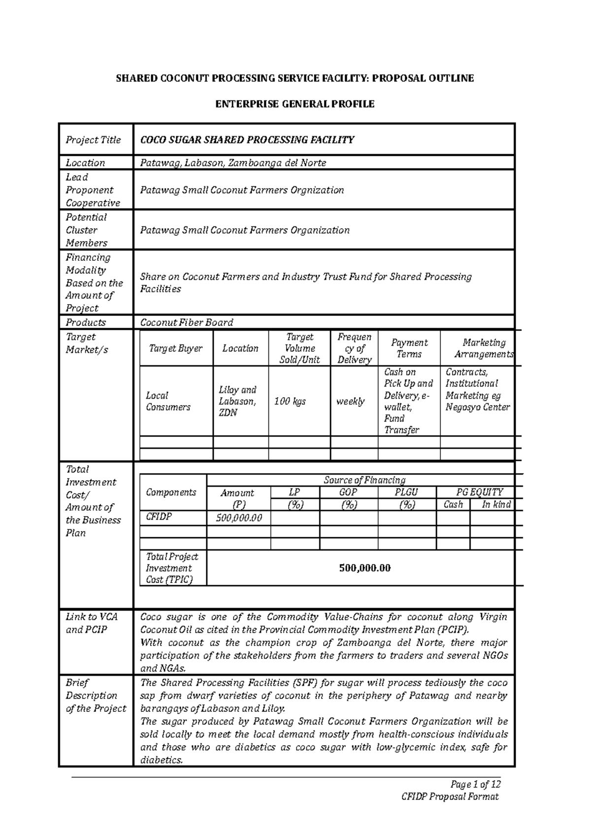 Project Proposal: Shared Processing Facility for Coco Sugar (BSM 501 ...