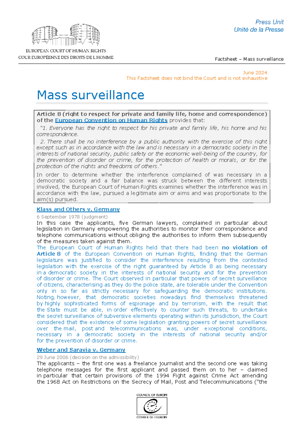 Mass Surveillance Overview and ECHR Case Law (ECt HR 2024) - Studocu