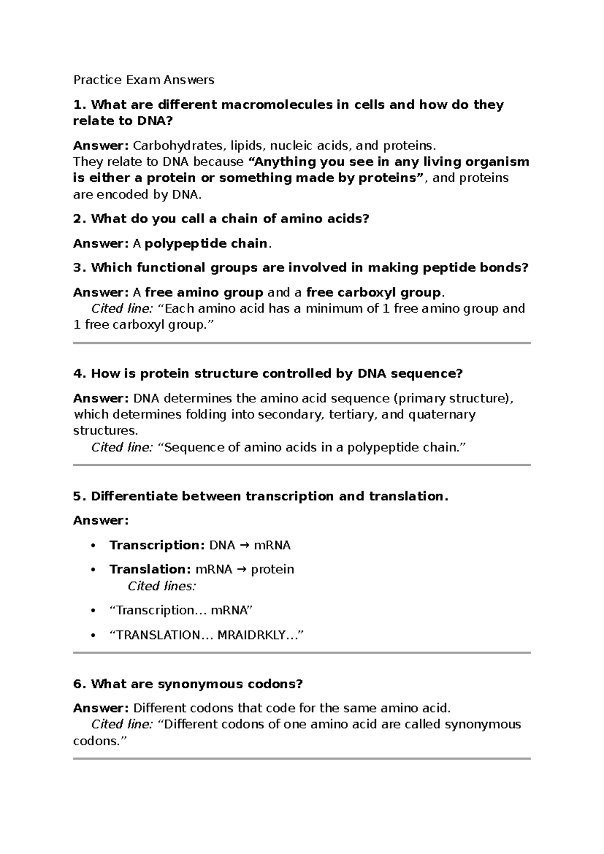 Biology 101: Practice Exam Answers on Macromolecules & Translation ...