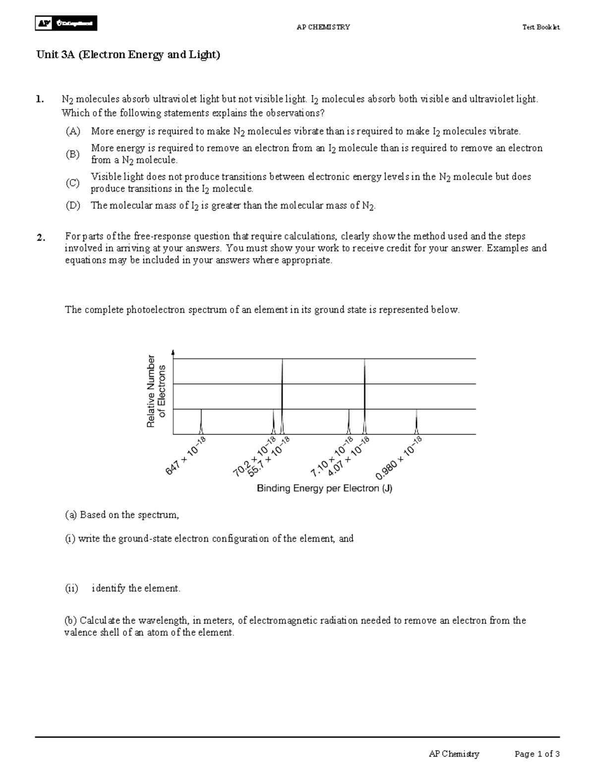 AP CHEMISTRY Unit 3A - Electron Energy & Light Study Notes - Studocu