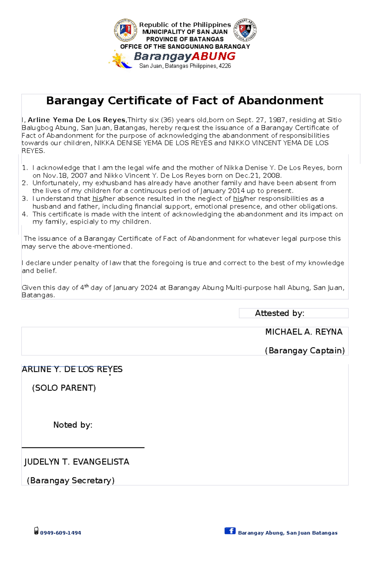 Barangay Certificate of Fact of Abandonment - San Juan, Batangas - Studocu