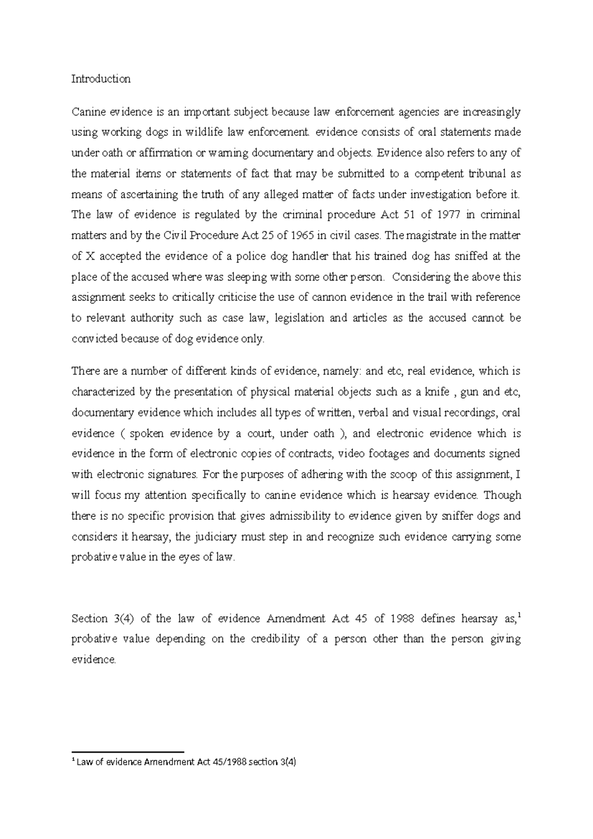 Law of Evidence (LAW 502) Group Assignment: Analyzing Canine Evidence ...