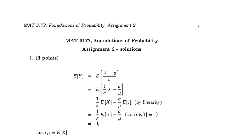 MAT 3172, Foundations of Probability, Assignment 2 Solutions - Studocu