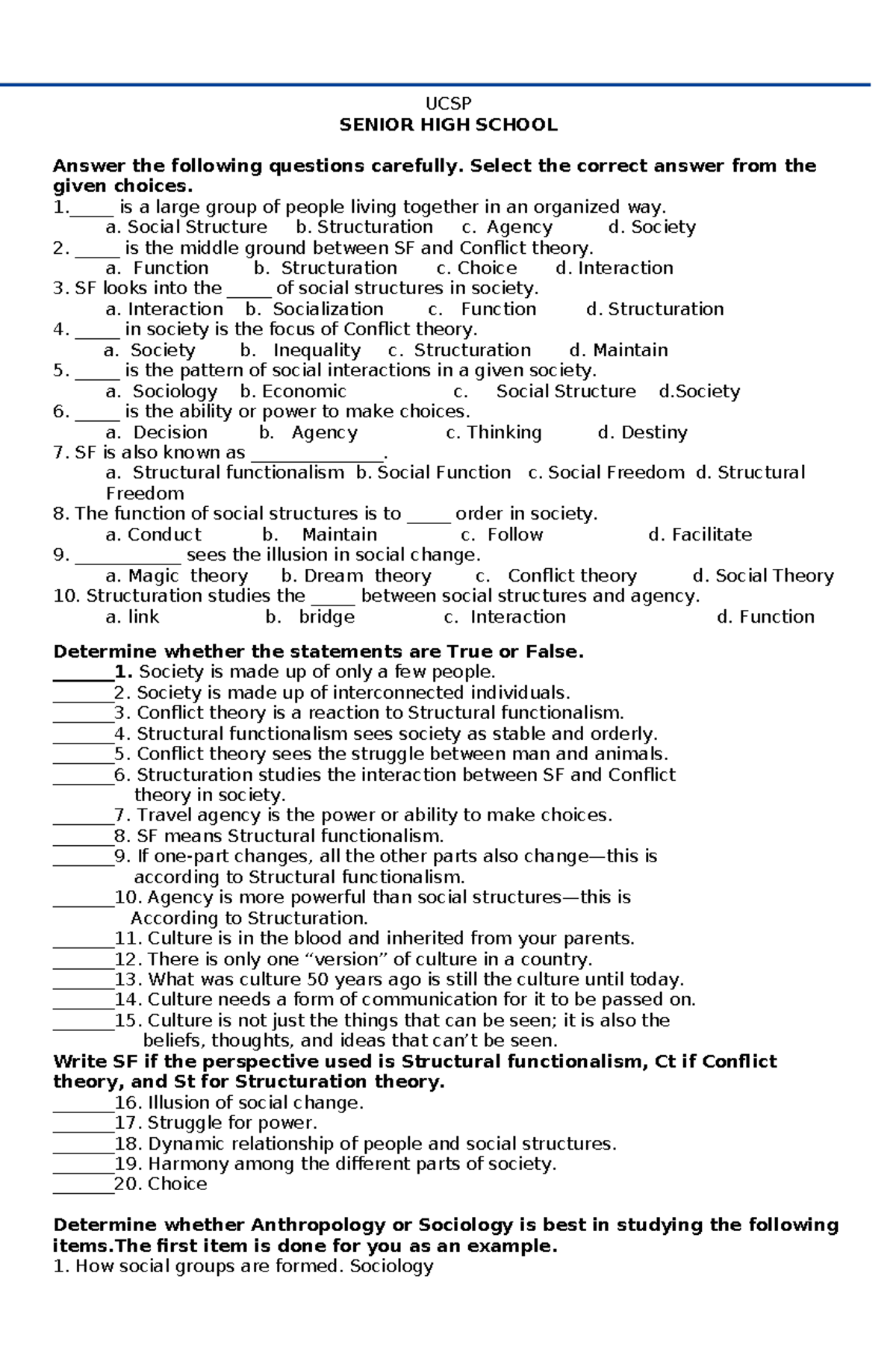 Grade 11 Summative Test in UCSP: Social Structures & Theories - Studocu