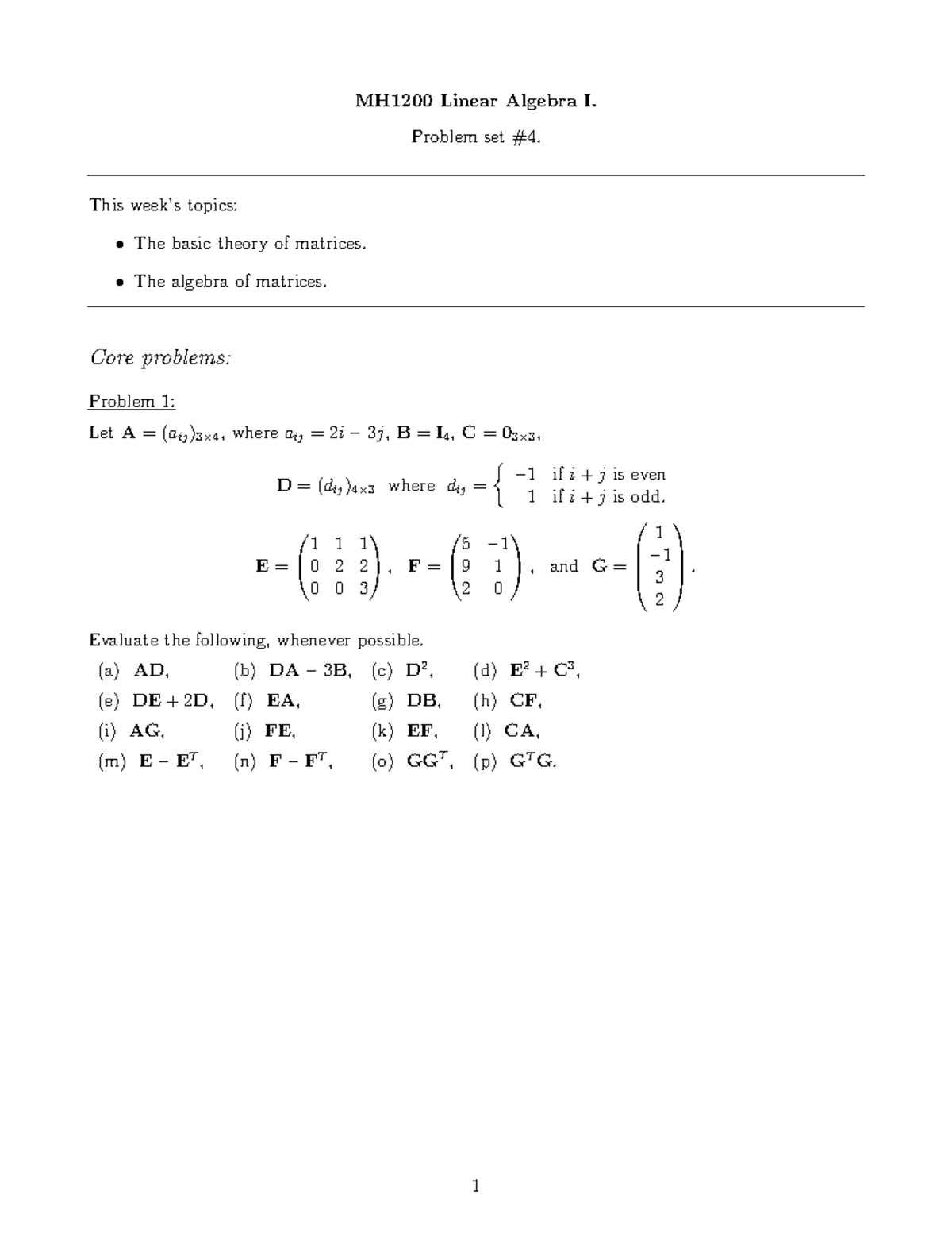 MH1200 Linear Algebra I: Problem Set 4 on Matrices and Operations - Studocu