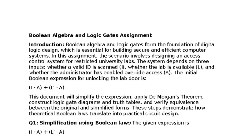 CS Unit 3: Boolean Algebra & Logic Gates Assignment - Studocu