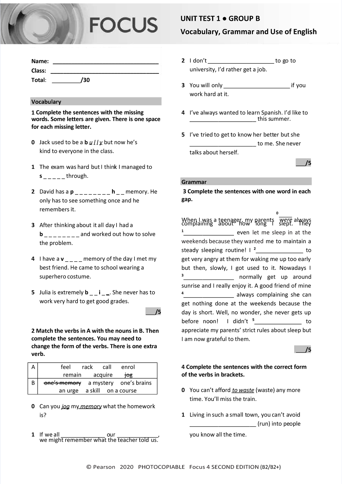 Focus 4 B2/B2+ Unit Test 1: Vocabulary & Grammar for Group B - Studocu