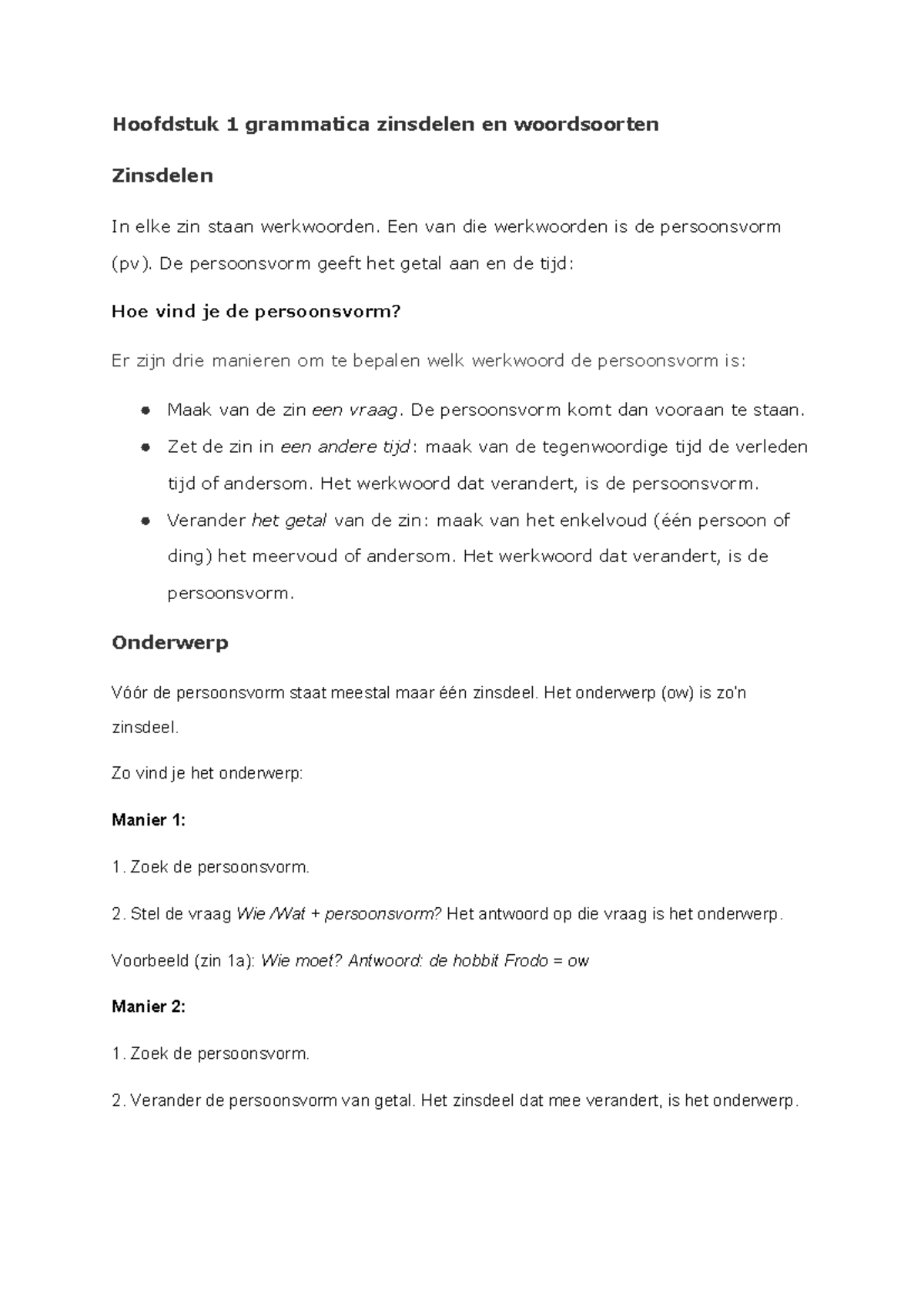 Samenvatting Hoofdstuk 1-5 Grammatica Zinsdelen en Woordsoorten ...