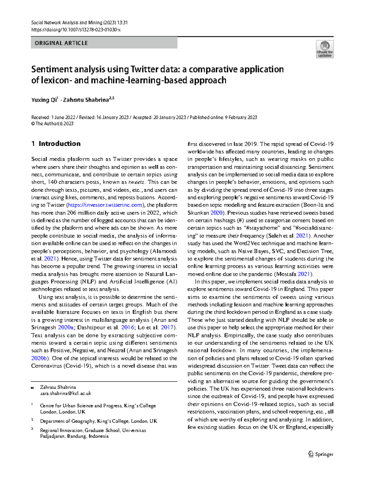 S13278 023 01030 x - Comparative Sentiment Analysis of Twitter Data - Studocu
