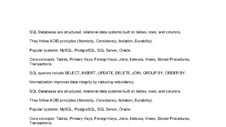 SQL Database Basics: Core Concepts and ACID Principles - Studocu