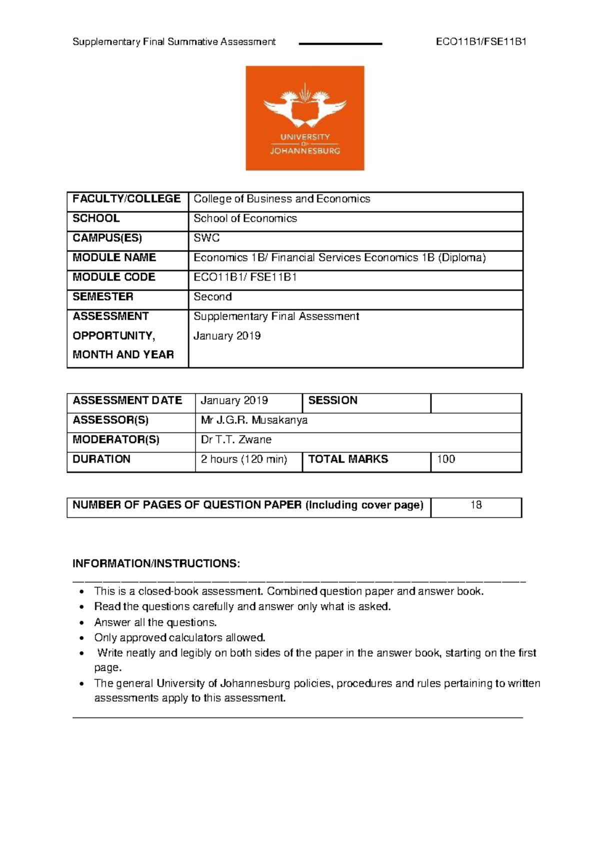 Economics 1B (FSE11B1) Supplementary Final Exam Questions - Jan 2019 ...