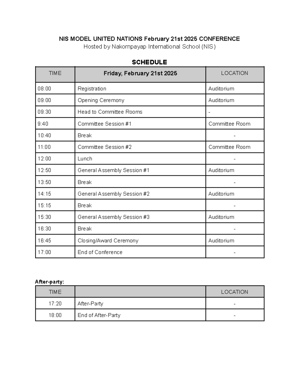 NIS MUN 2025 Schedule - tes - NIS MODEL UNITED NATIONS February 21st ...