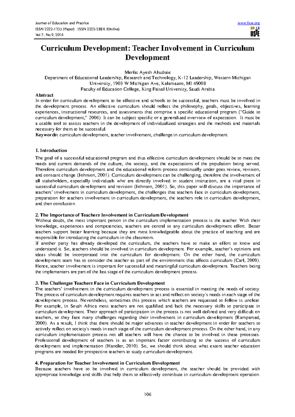 Teachers involvement in curriculum - Journal of Education and Practice ...