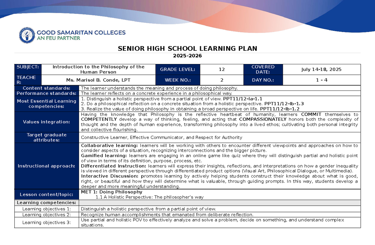 Lesson Plan: Introduction to Philosophy of the Human Person (Grade 12 ...