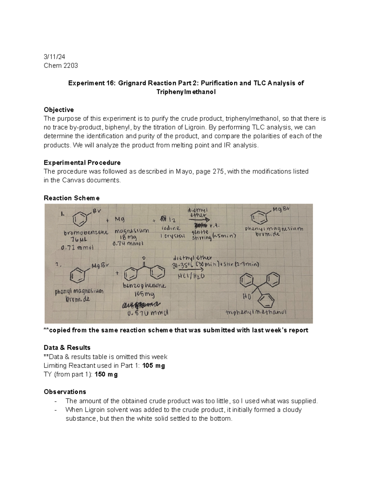 Module 5 Lab Report - 3/11/ Chem 2203 Experiment 16: Grignard Reaction Part 2: Purification and ...