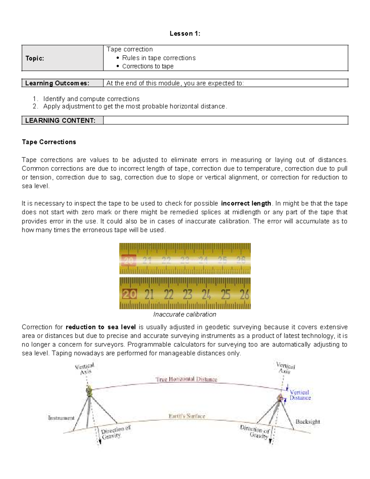Lesson 1: Tape Correction Rules and Applications in Surveying - Studocu