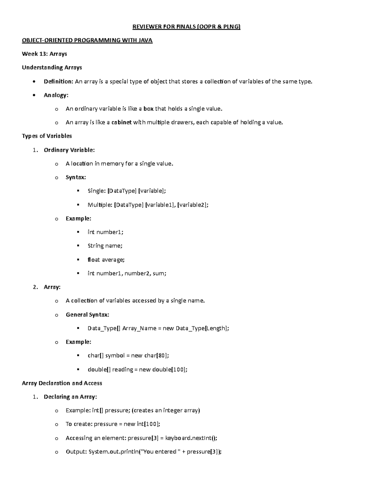 Final Exam Reviewer OOPR-PLNG: Arrays & Object-Oriented Programming ...