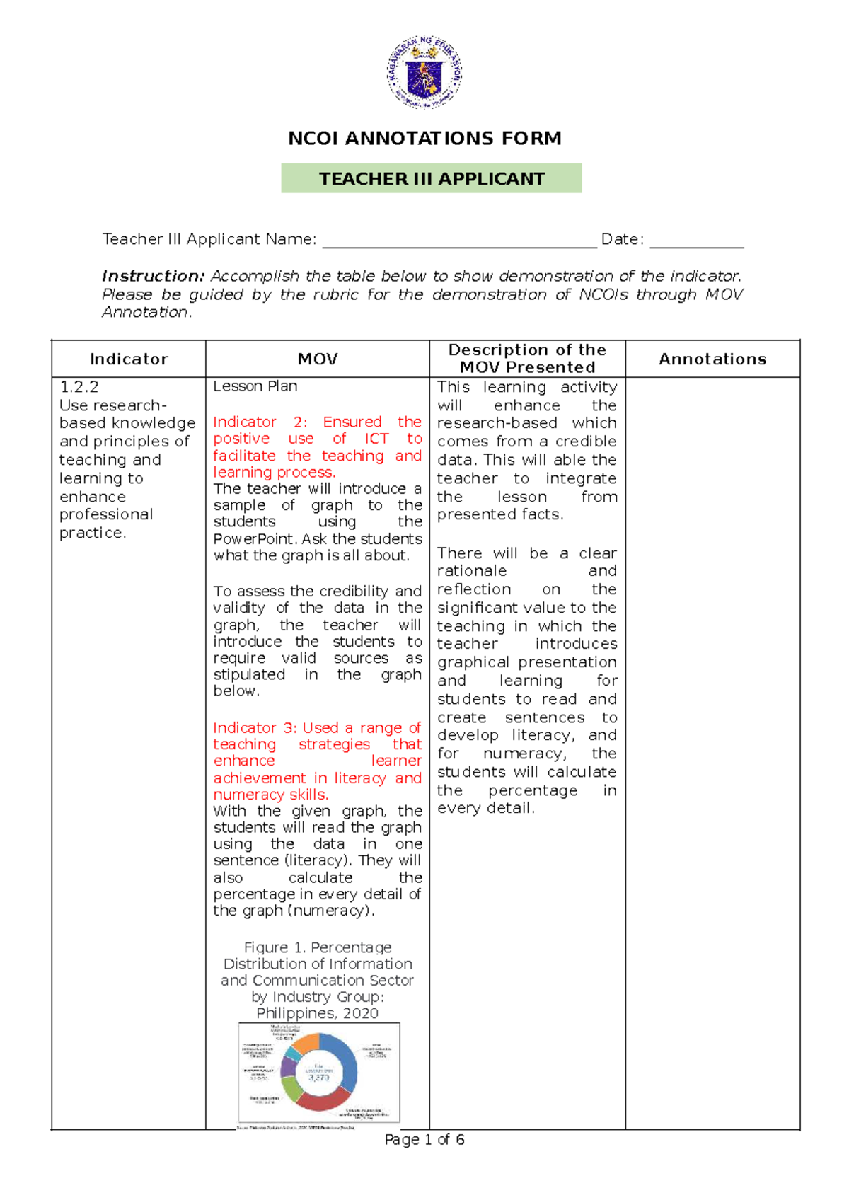 NCOI Annotations Form for Teacher III Applicant Evaluation - Studocu