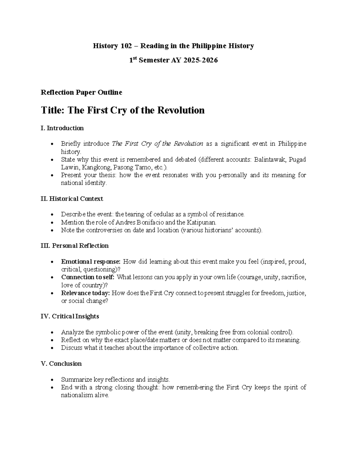 History 102 Midterm Output: Reflection on The First Cry of the ...