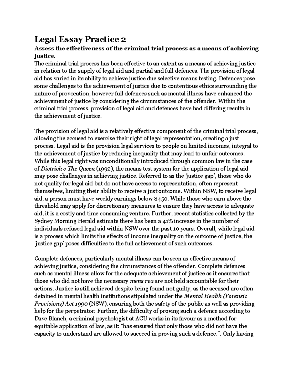 Criminal trial process essay - Legal Essay Practice 2 Assess the ...