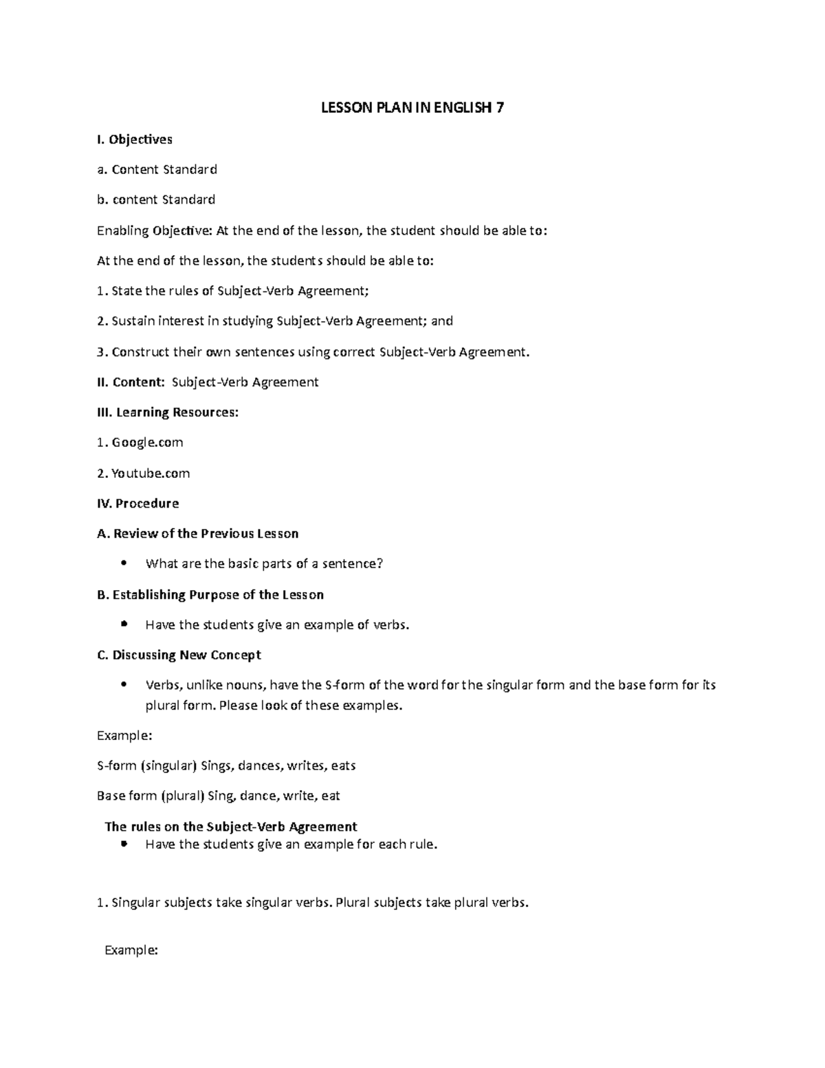 Grade 7 Lesson Plan on Subject-Verb Agreement Based on MELC - Studocu