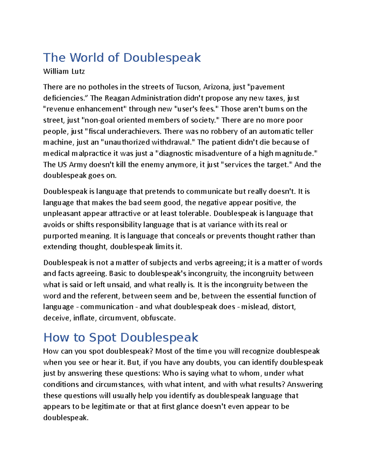Doublespeak Analysis: Insights from William Lutz's Perspective - Studocu