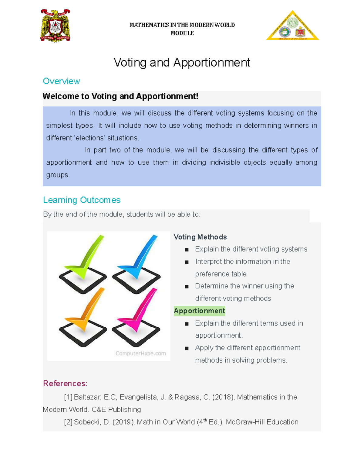 Module 8 Voting Apportionment 1 - MODULE Voting and Apportionment Overview Welcome to Voting and ...