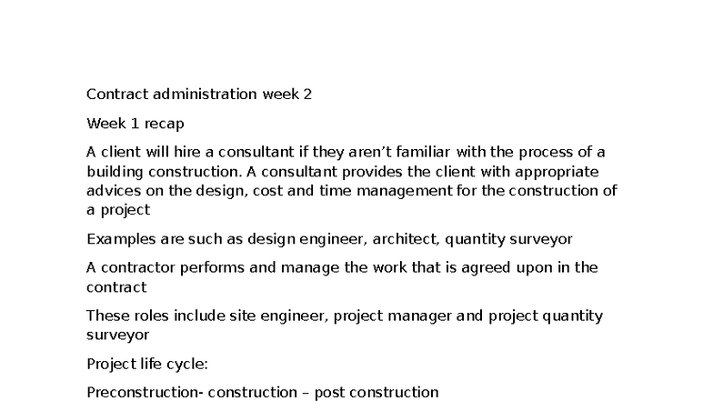 Contract Administration Week 2: Key Roles & Project Lifecycle - Studocu