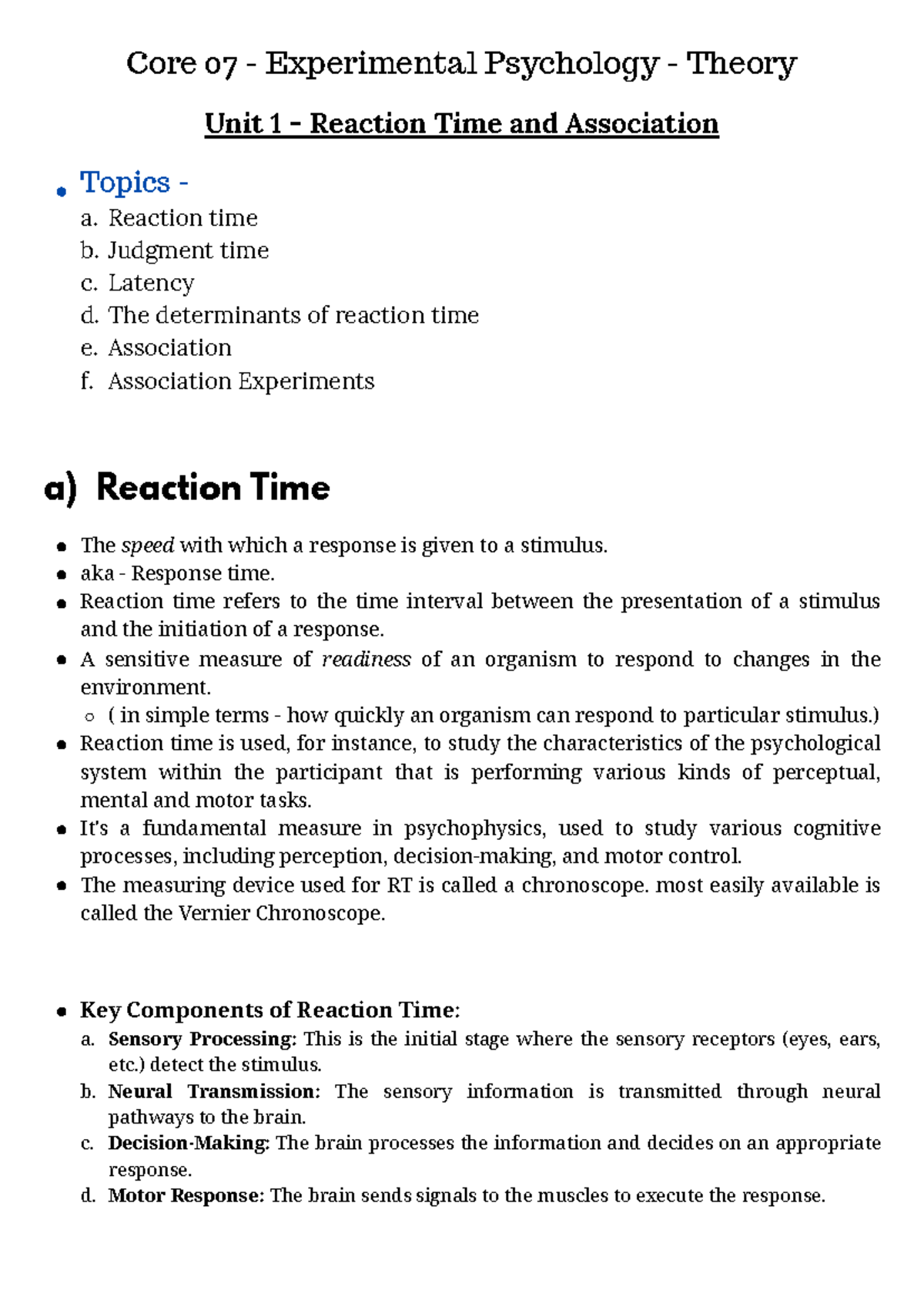 Core 07 - Experimental Psychology: Reaction Time & Association Notes ...