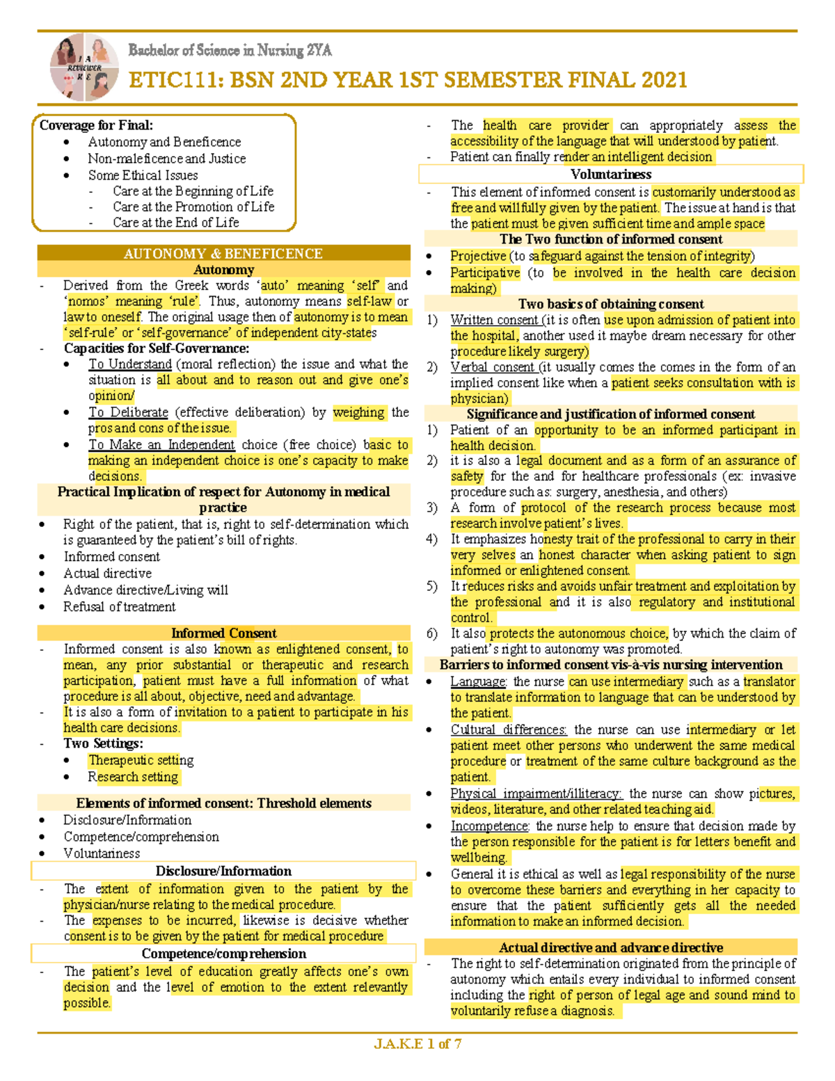 ETIC111- Final - reviewer - Bachelor of Science in Nursing 2YA ETIC111: BSN 2ND YEAR 1ST ...