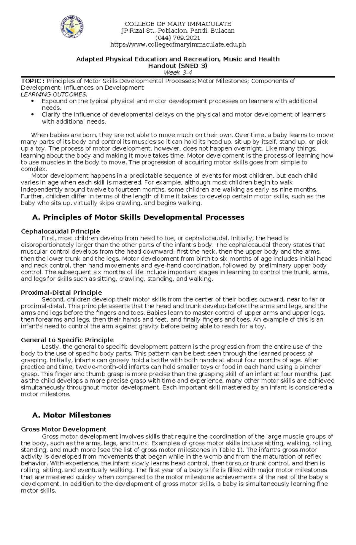 SNED 3 Handout: Principles of Motor Skills Development - Studocu