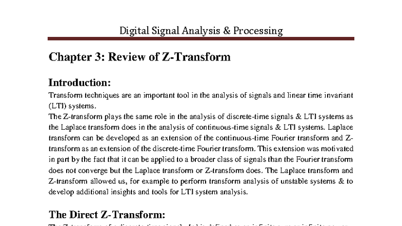 Digital Signal Analysis Processing (DSAP) Lecture 3: Z-Transform Review ...