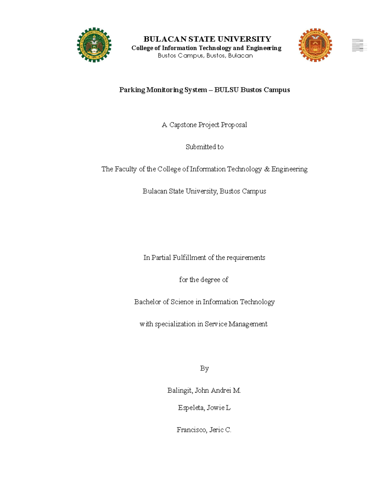 Capstone Project Proposal: Parking Monitoring System - BSIT 2021 - Studocu