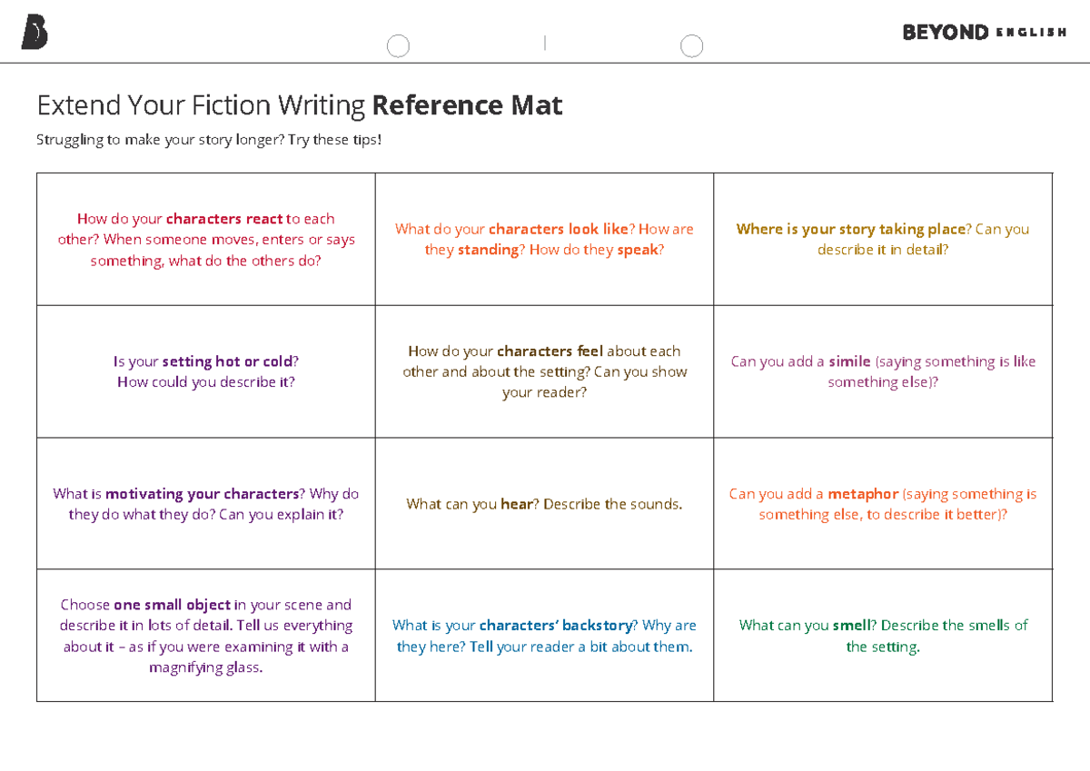 English 101: Fiction Writing Activity Mat - Tips for Story Expansion ...