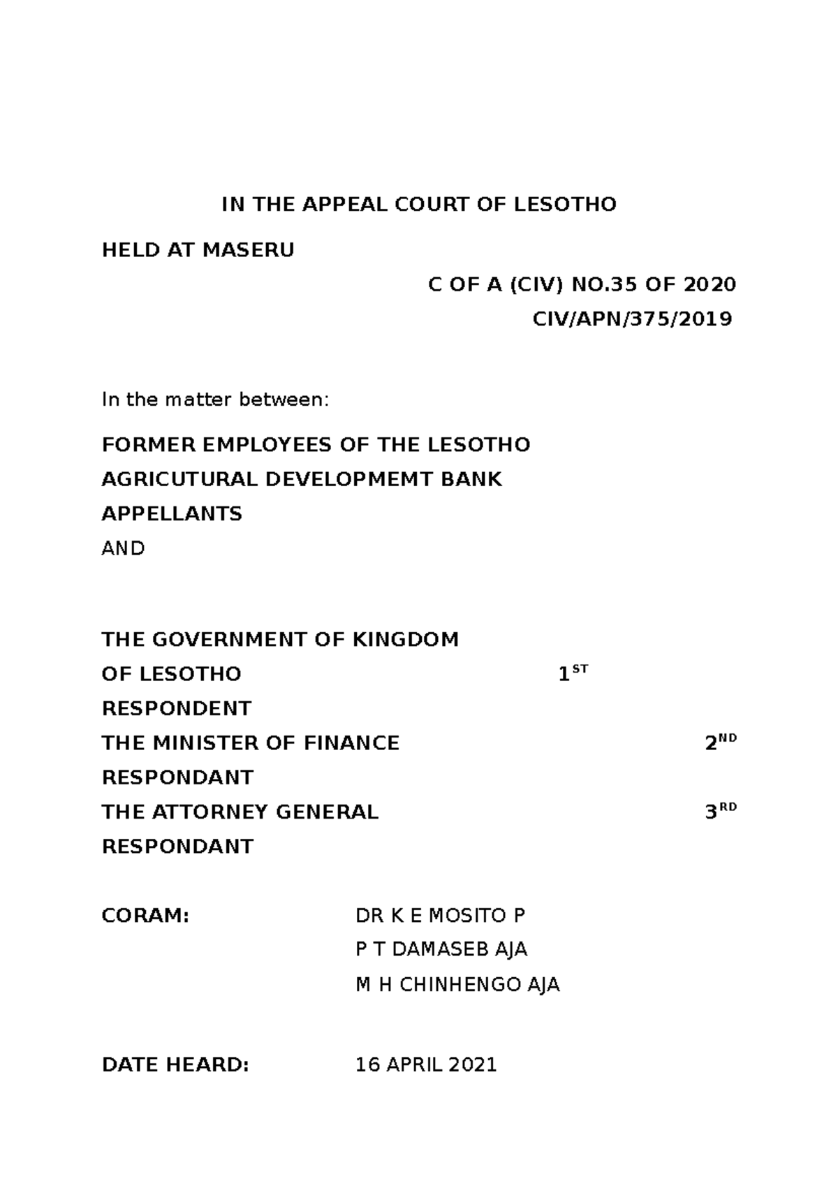 Former Employees of LADB v Government of Lesotho: Appeal Summary ...