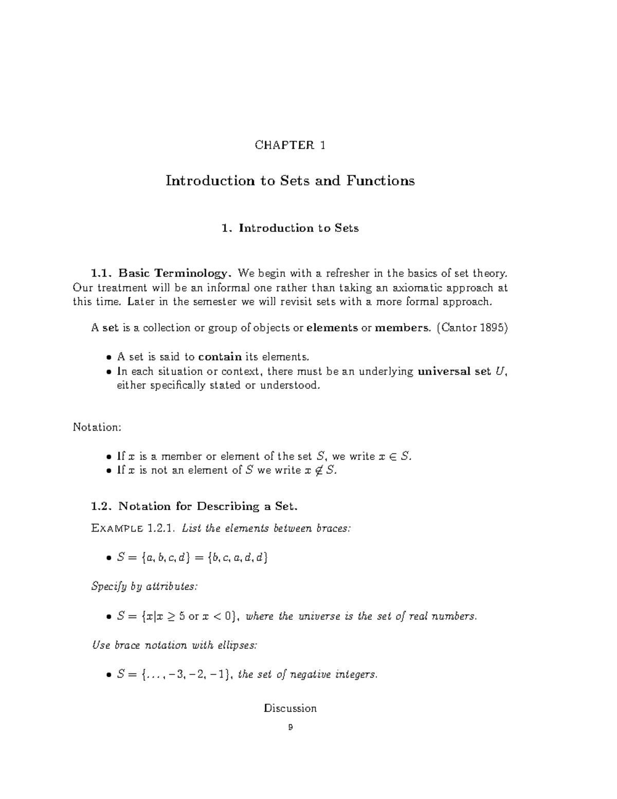 CHAPTER 1: Intro to Sets & Functions - Basic Terminology and Notation ...